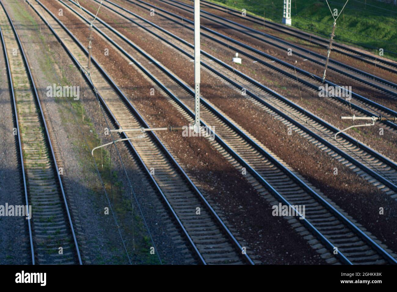 Railway overhead view. Rails for trains. Place of movement of electric ...
