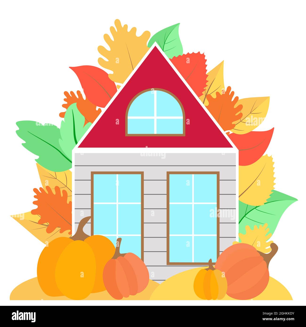 Autumn house with colorful leaves and pumpkins vector Stock Vector ...