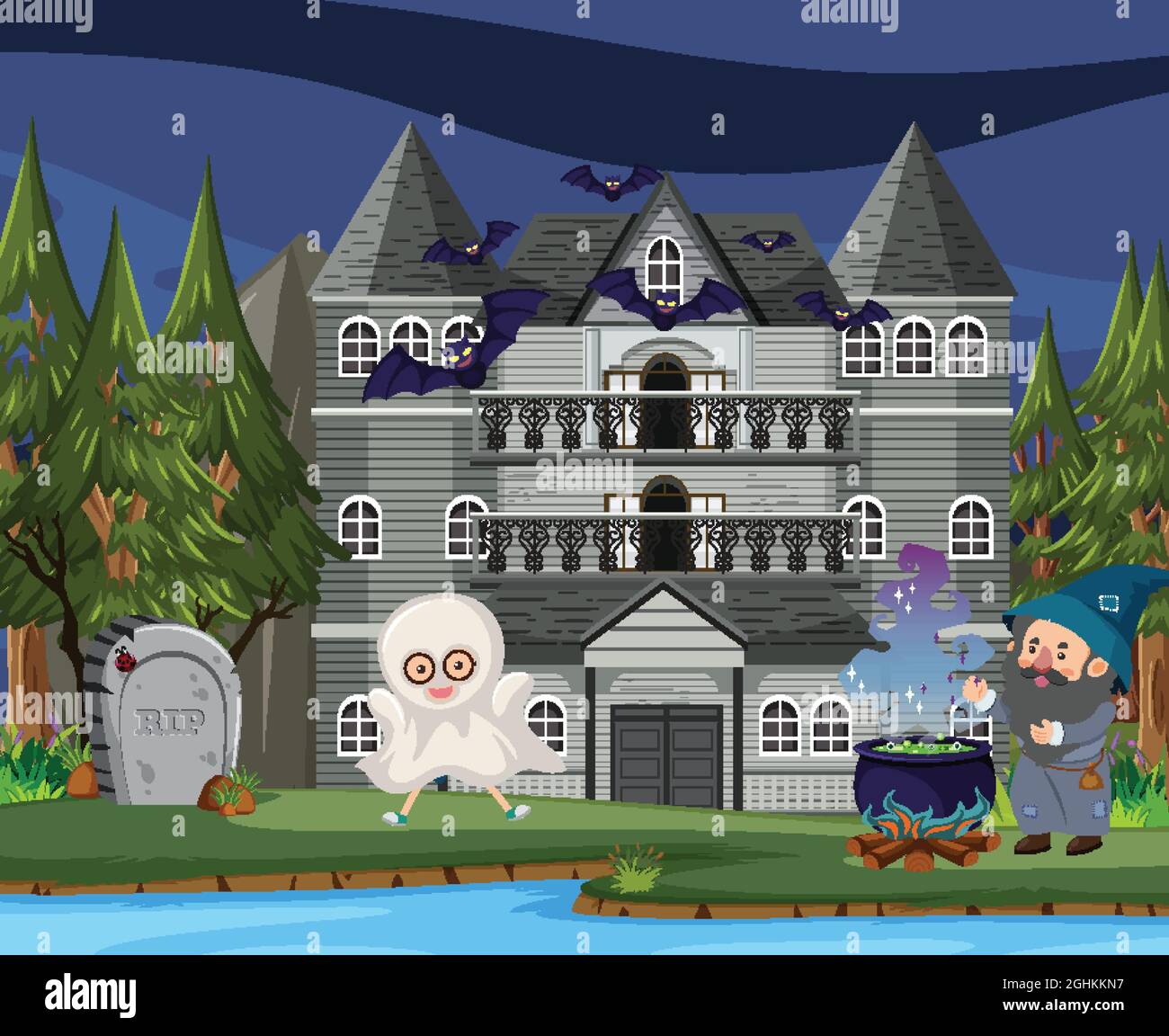 Scene with halloween haunted mansion at night illustration Stock Vector ...