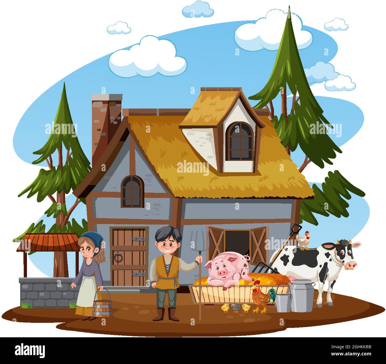 Ancient farmhouse with people on white background illustration Stock ...