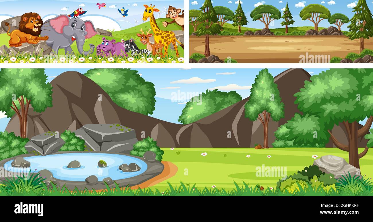 Set of outdoor panoramic landscape with cartoon character illustration ...