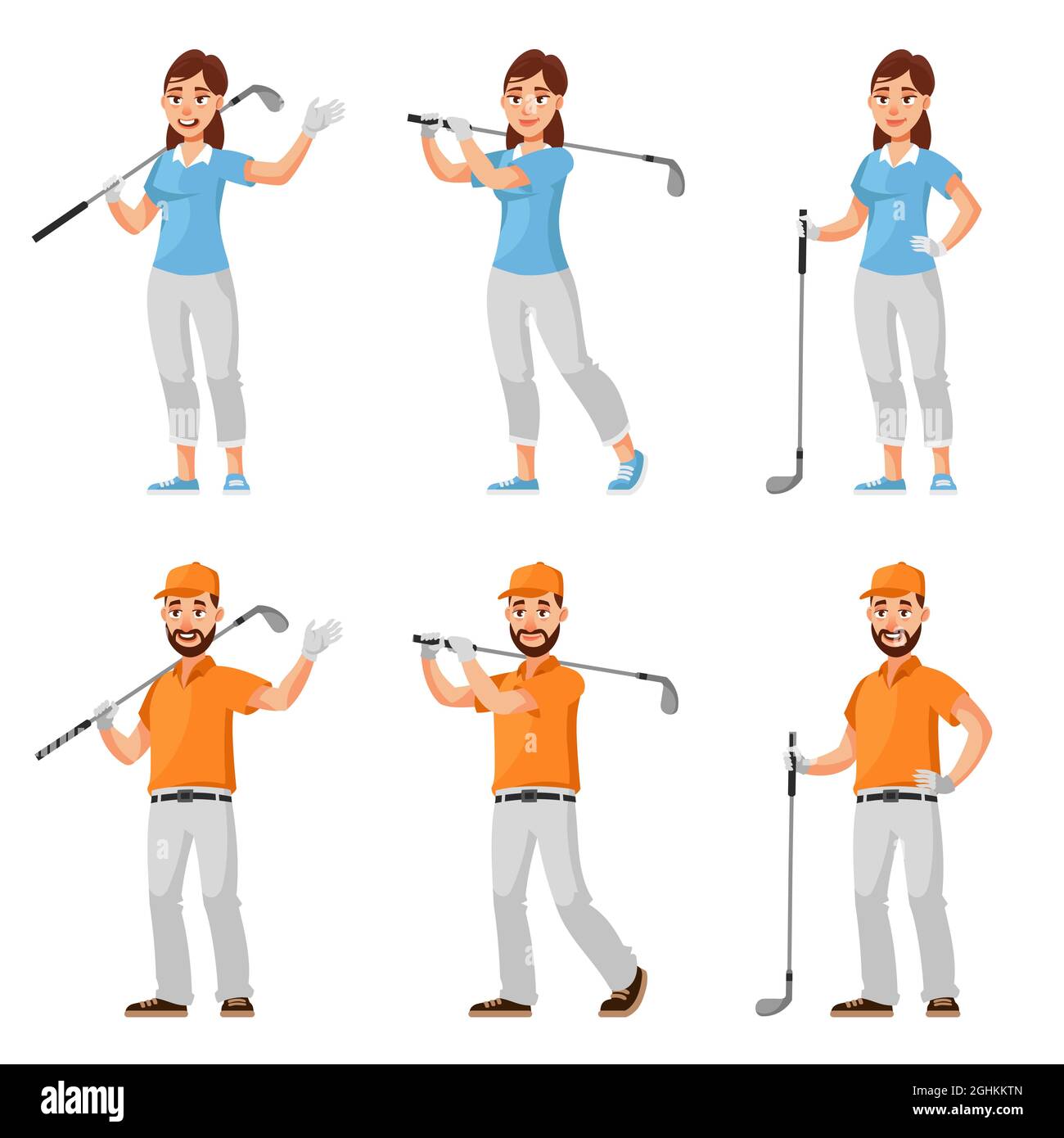 Male and female golfers in different poses. Man and woman in cartoon ...