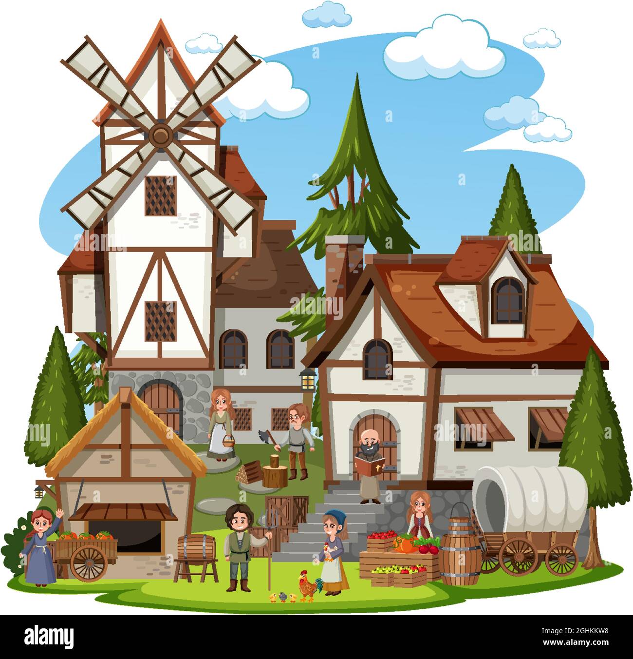 Medieval village with villagers on white background illustration Stock ...