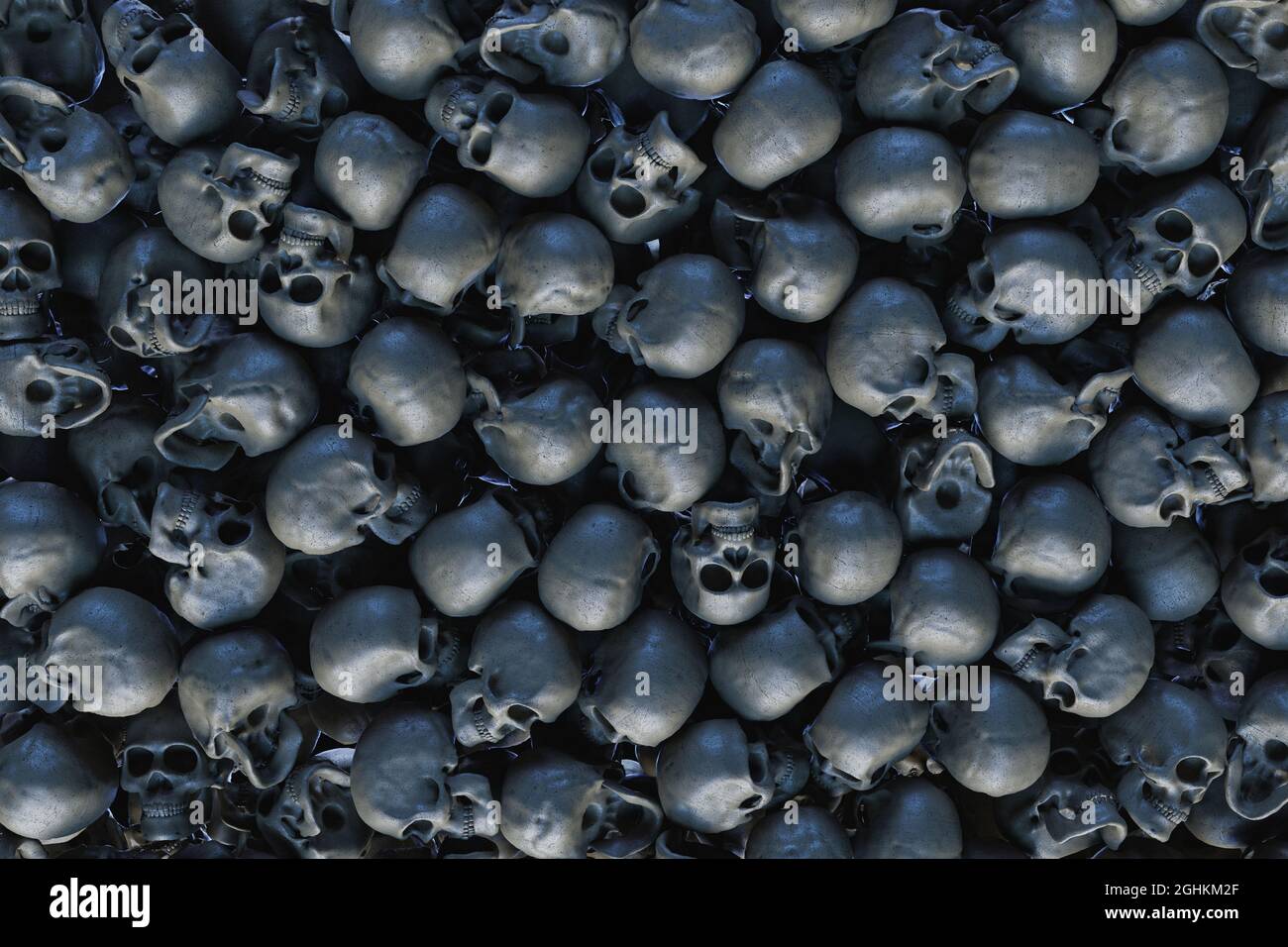 abstract background of a wall full of stacked skulls with cool lighting ...