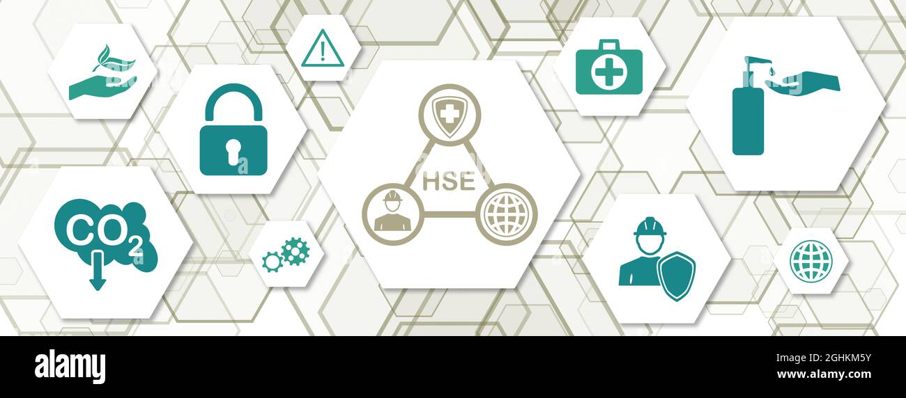 Concept of hse with icons on hexagons Stock Photo - Alamy