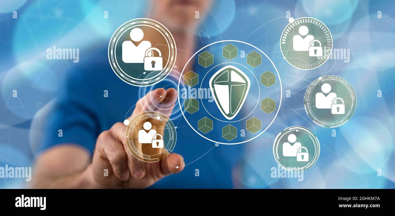 Man touching a personal data security concept on a touch screen with ...