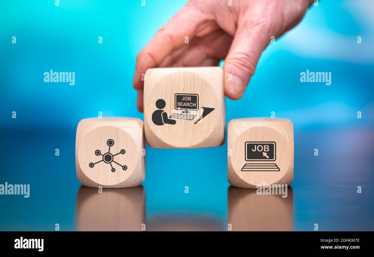 Wooden blocks with symbol of job search concept on blue background ...