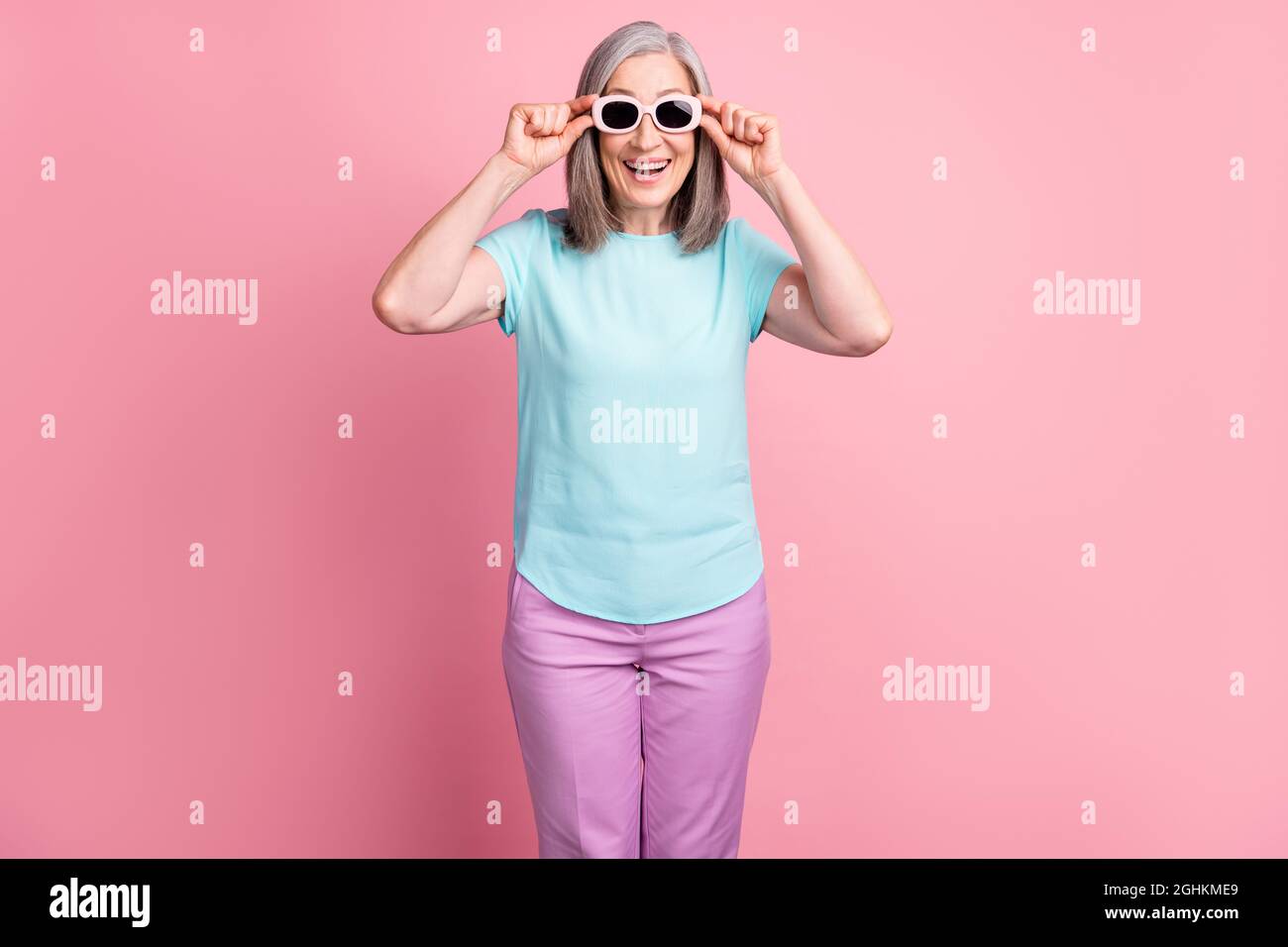 Photo of hooray old white hair lady wear spectacles teal blouse ...
