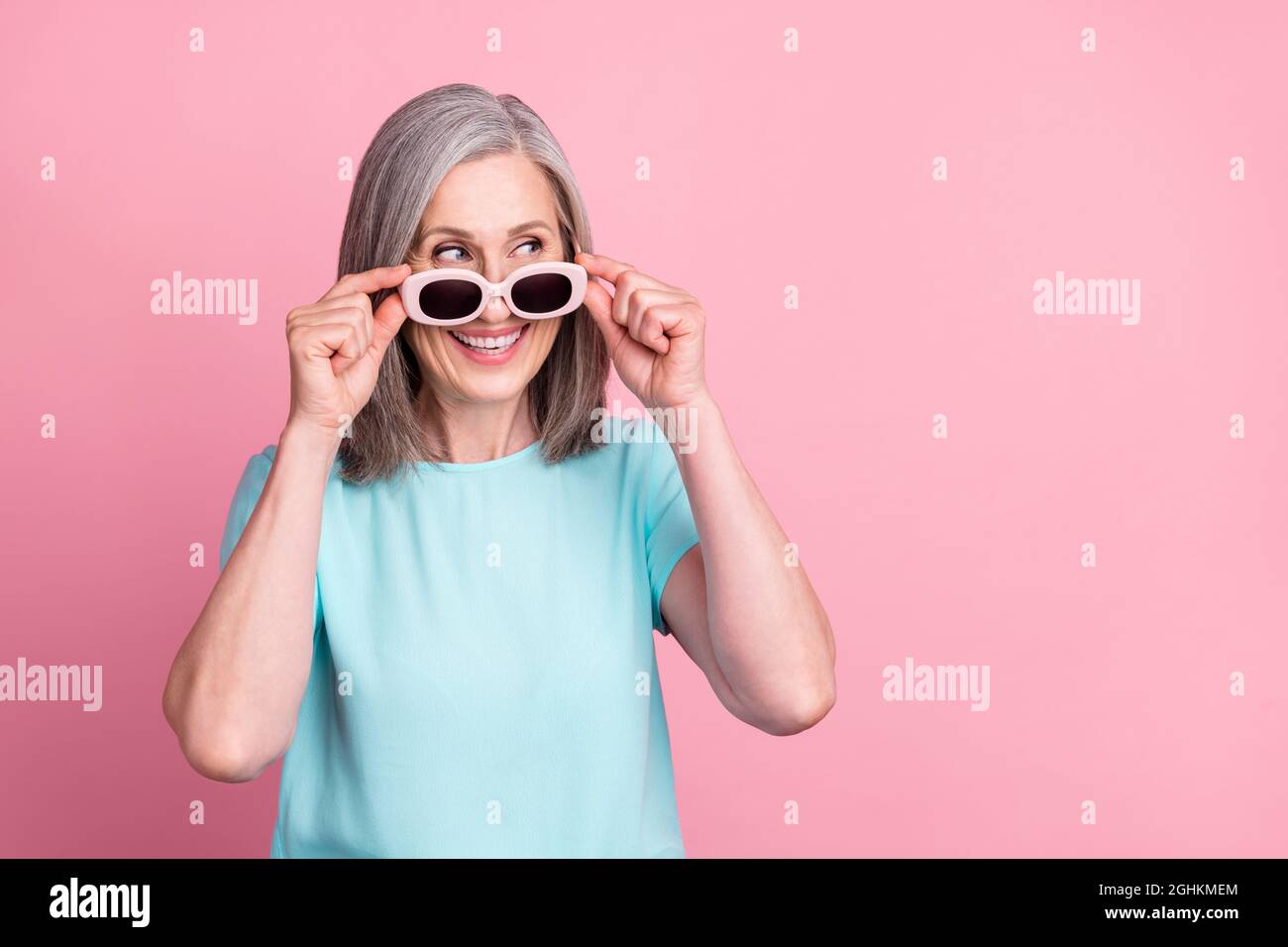 Photo of funky aged white hair lady look empty space wear spectacles ...