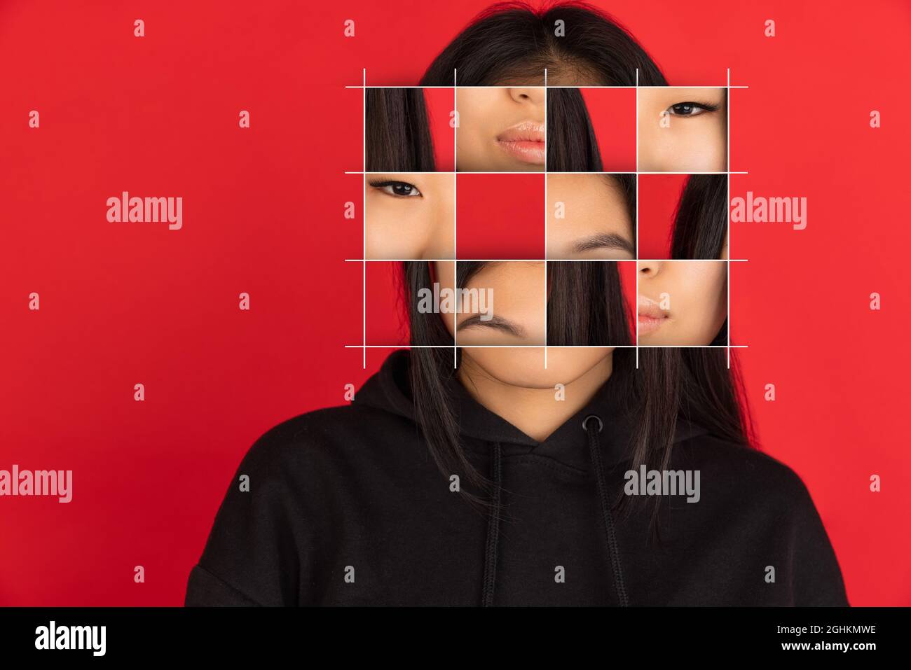 Art collage of young beautiful girl. Chaotic arrangement of face parts ...