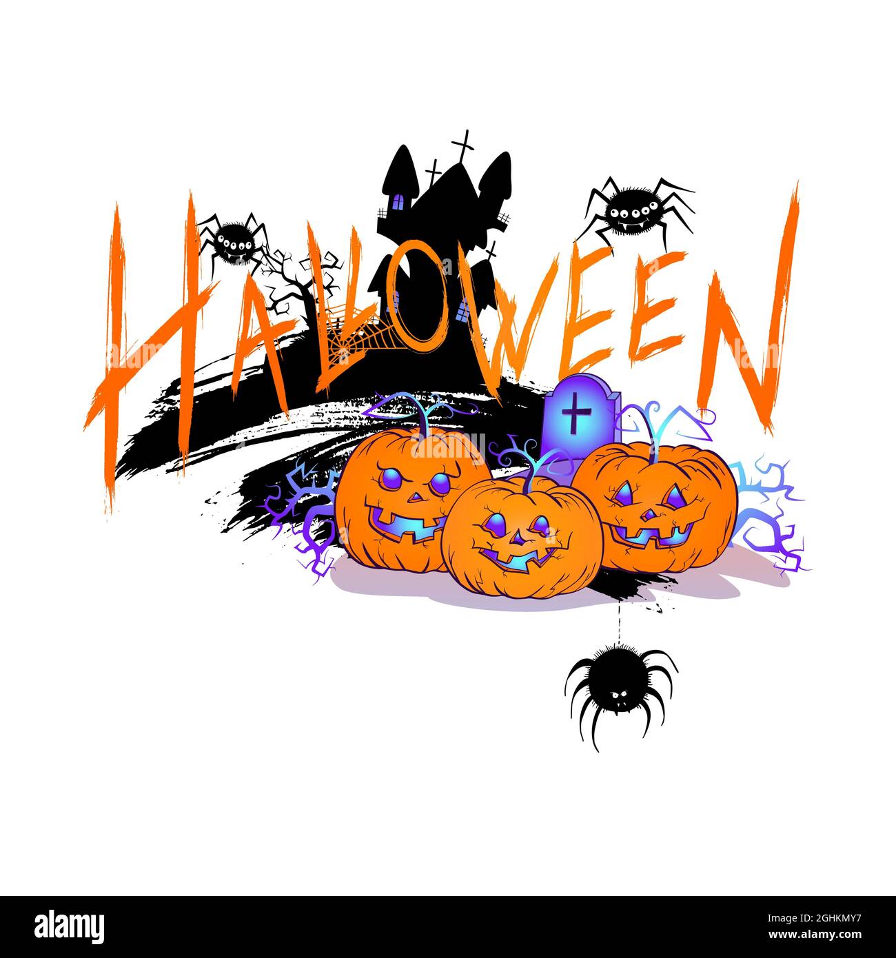 Halloween illustration with cute Pumpkins, spiders and sinister castle ...