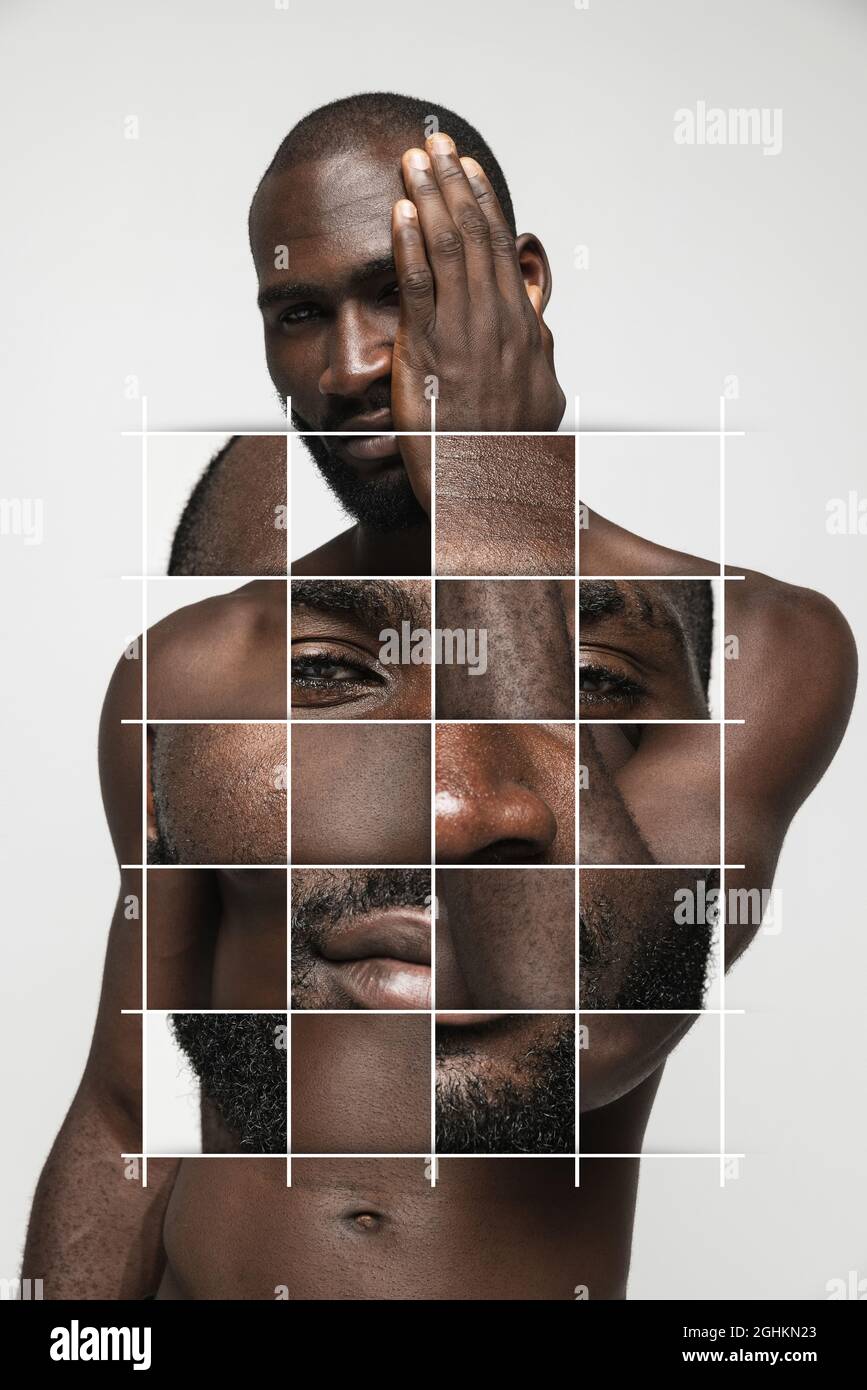 Creative art collage of young african man isolated over white ...