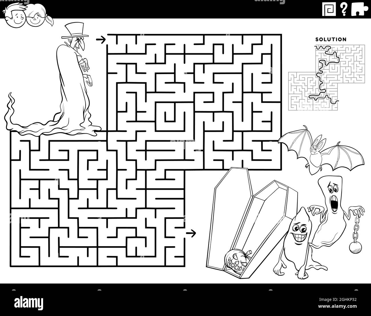 Black and white cartoon illustration of educational maze puzzle game ...