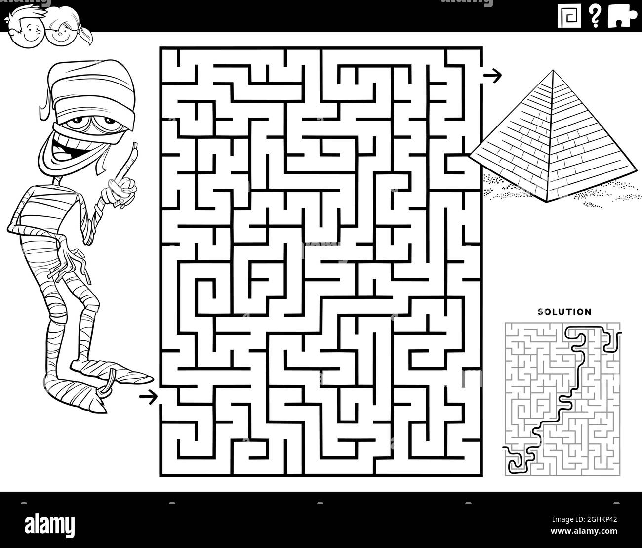 Black and white cartoon illustration of educational maze puzzle game ...