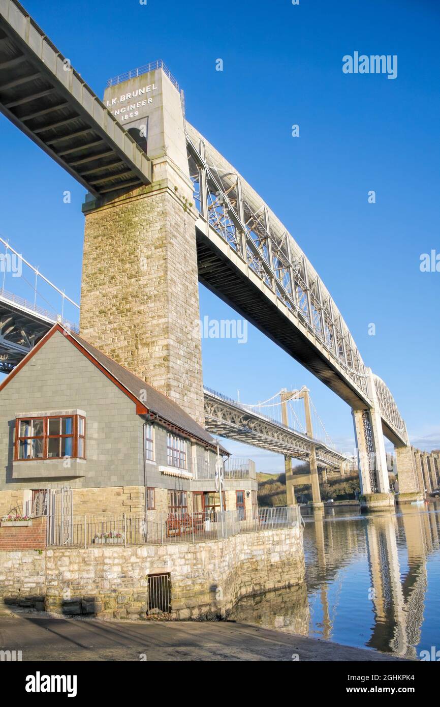 The Tamar Bridge (road) with the Royal Albert Bridge (railway) crossing ...