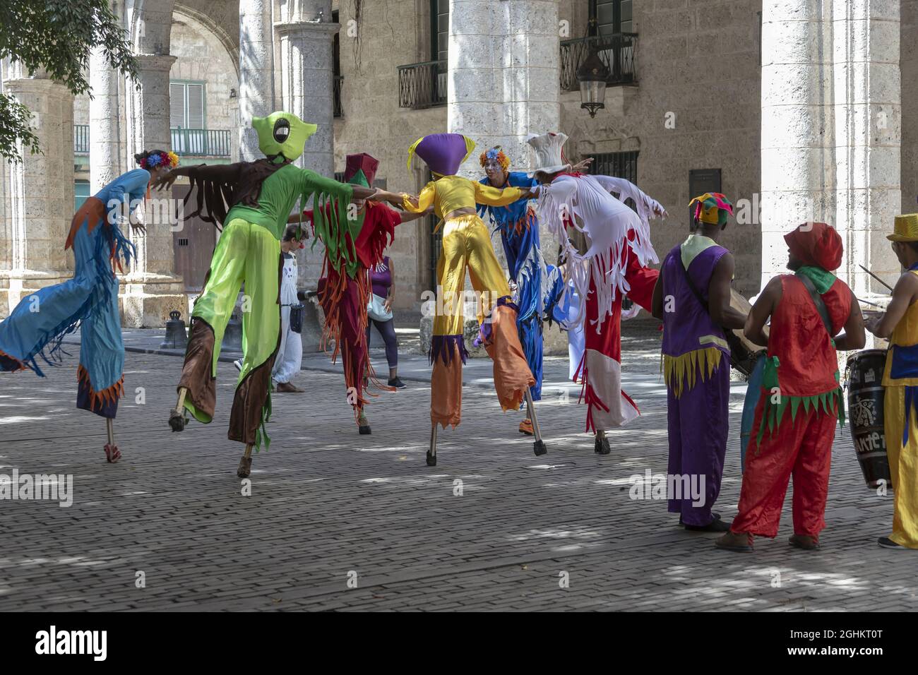 HAVANA, CUBA - May 29, 2019: A dance of stilts performed in the street ...