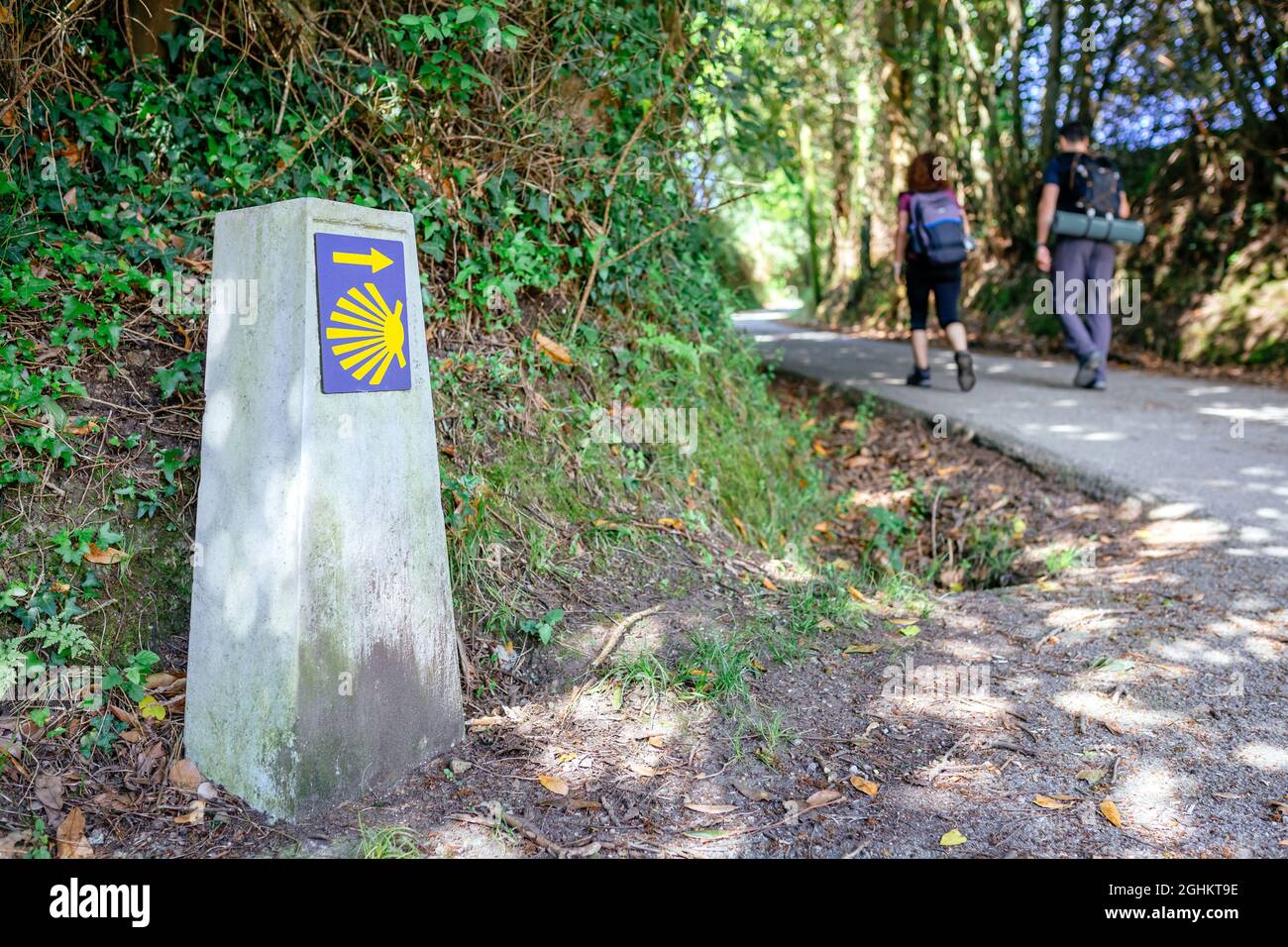 Milestone of Saint James way with pilgrims walking Stock Photo - Alamy