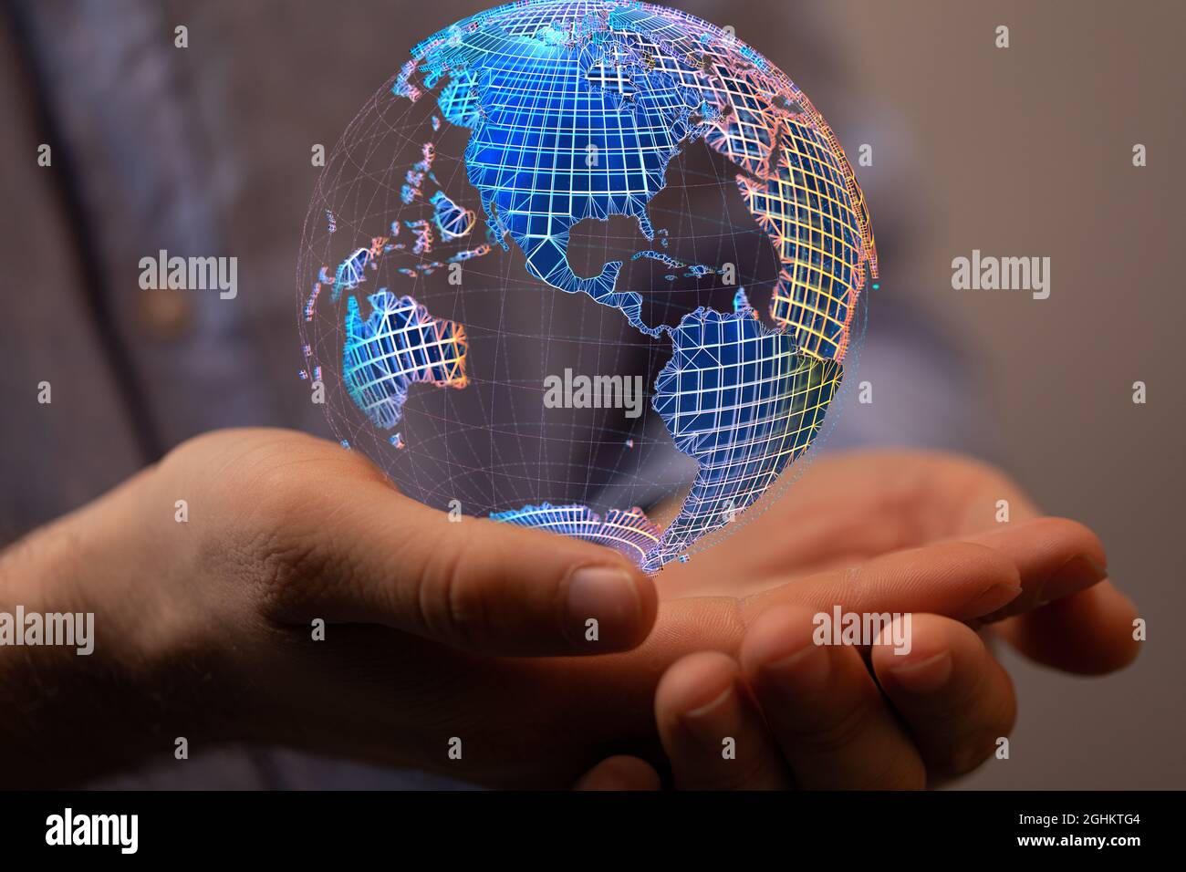 3D rendered futuristic globe hovering over a man's hands Stock Photo ...