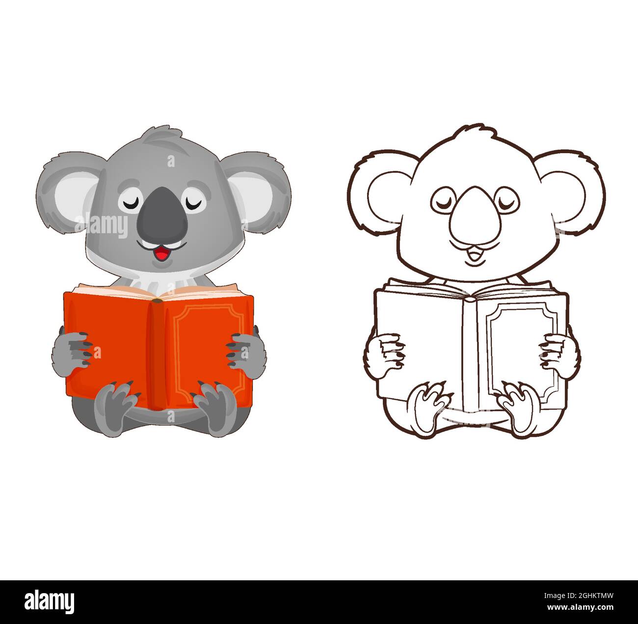 Coloring book, little koala is reading a book. Vector, illustration in ...