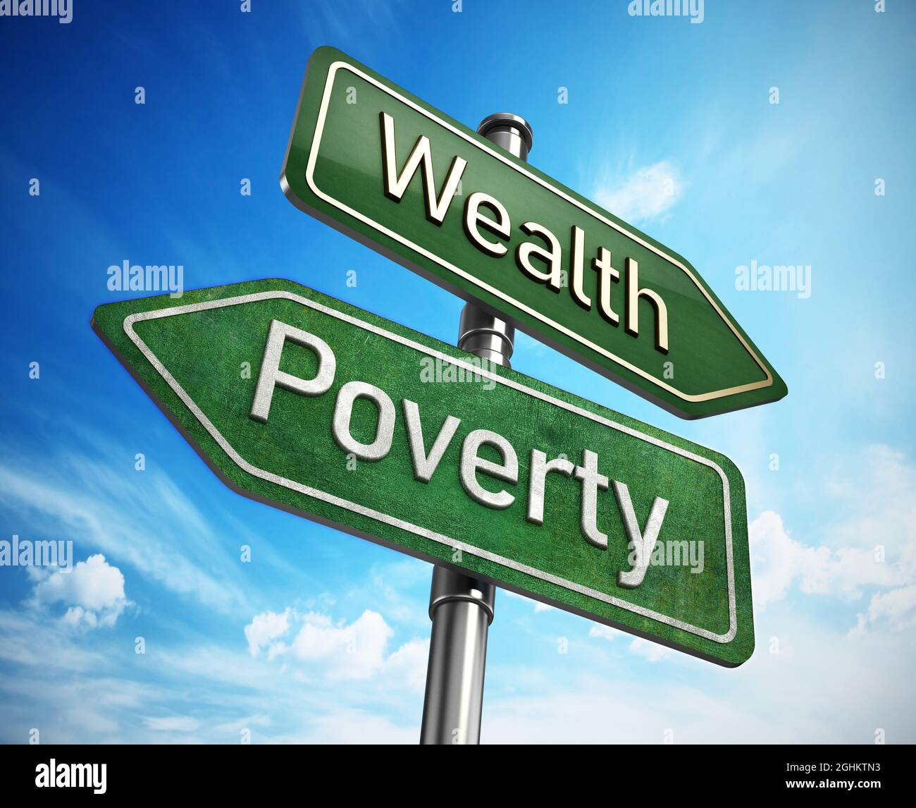 Wealth and poverty arrows pointing opposite directions. 3D illustration ...