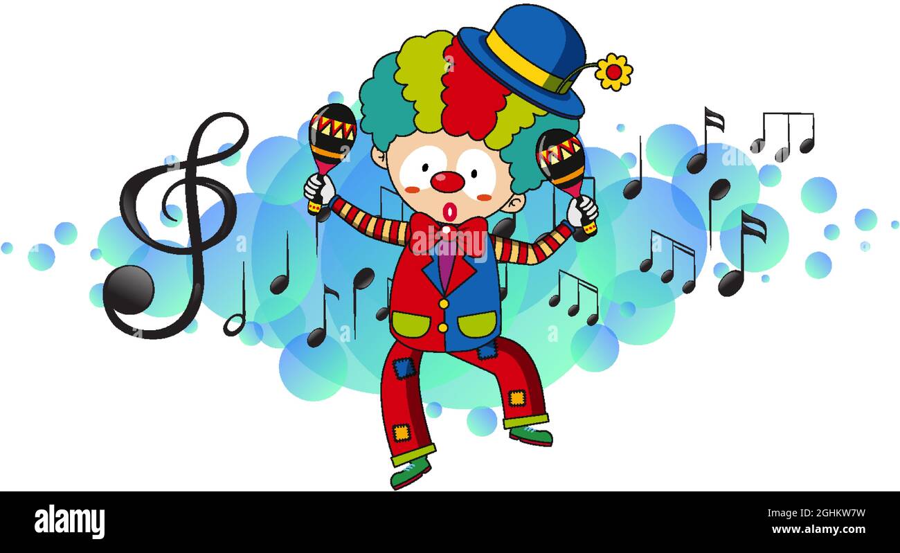 Cartoon character of a clown dances with musical melody symbols ...