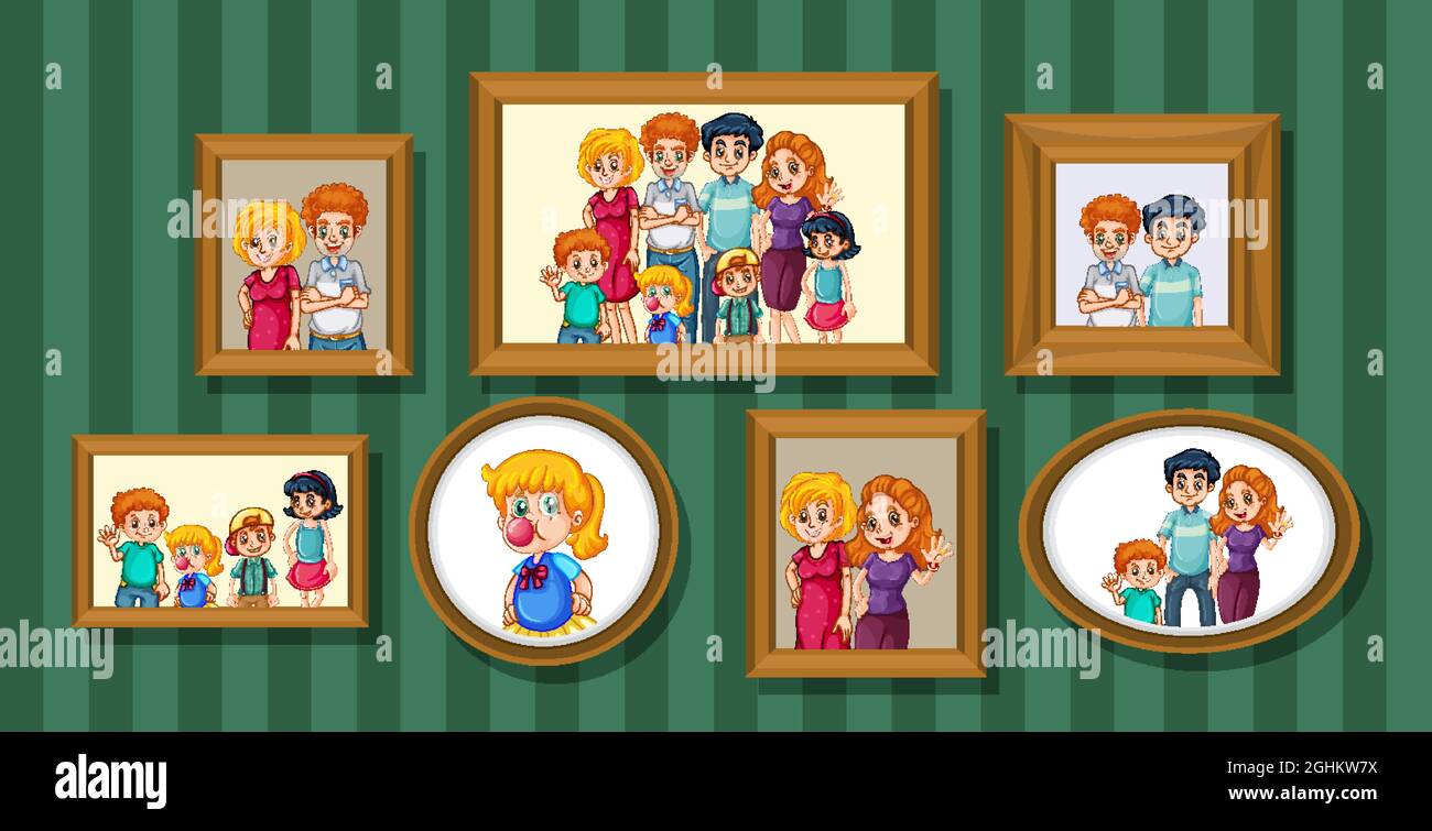 Set of happy family photo on the wooden frame illustration Stock Vector ...