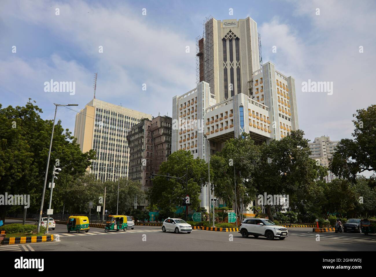 View of high-rise corporate towers in Connaught Place. Amba building on ...