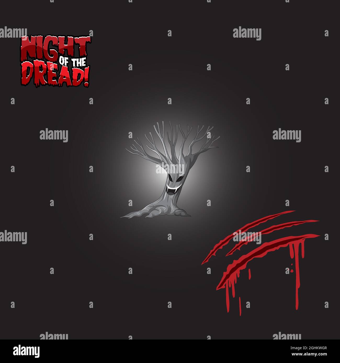 Night of the dread word logo with creepy tree and bloody scratch ...