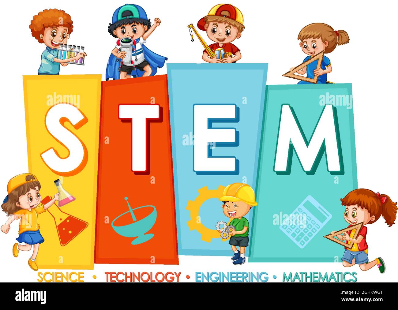 STEM education logo with many children on white background illustration ...