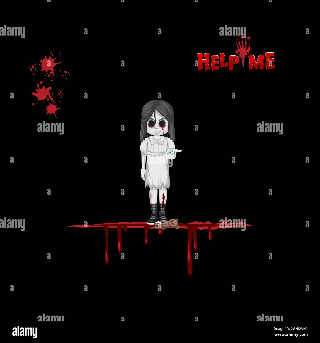 Halloween Help Me font logo with creepy ghost girl illustration Stock ...