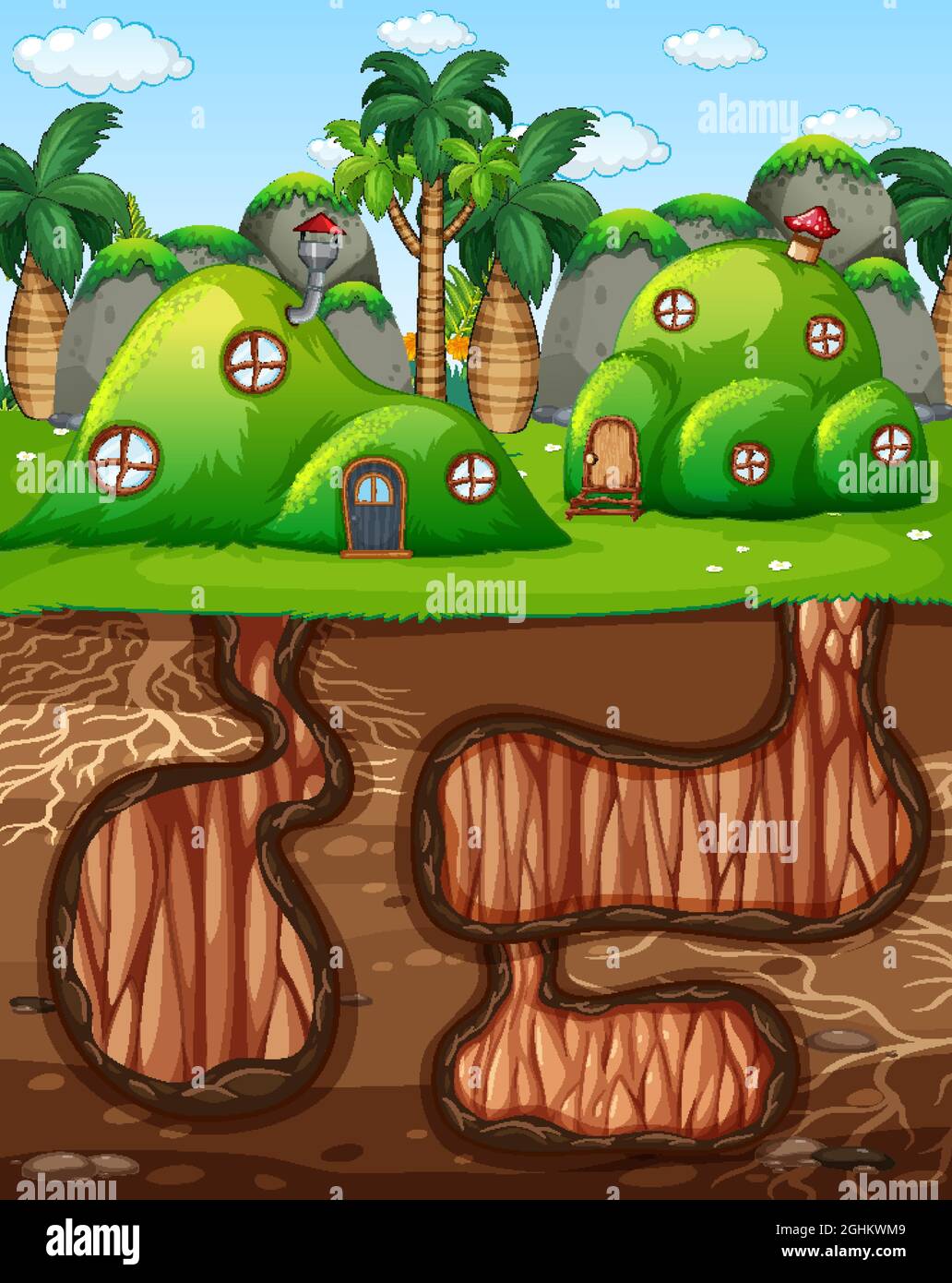 Underground animal hole with ground surface of the garden scene ...