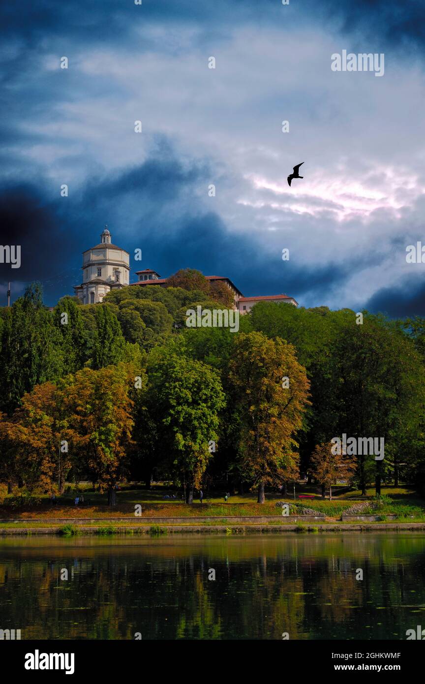 Italy Piedmont Turin Monte dei Cappuccini from Murazzi of river Po ...
