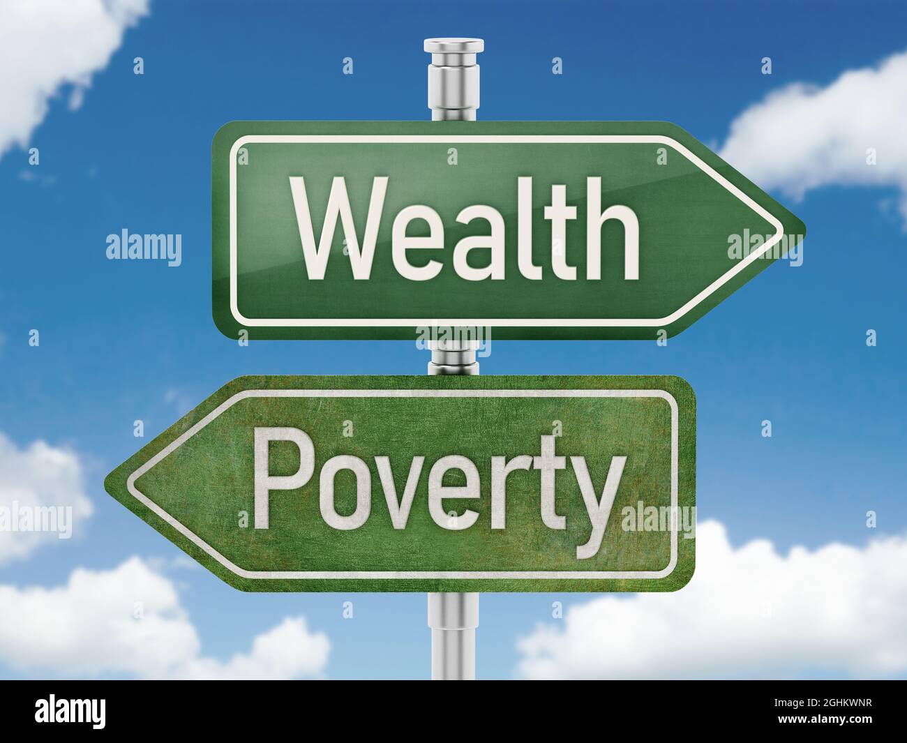 Wealth and poverty arrows pointing opposite directions. 3D illustration ...