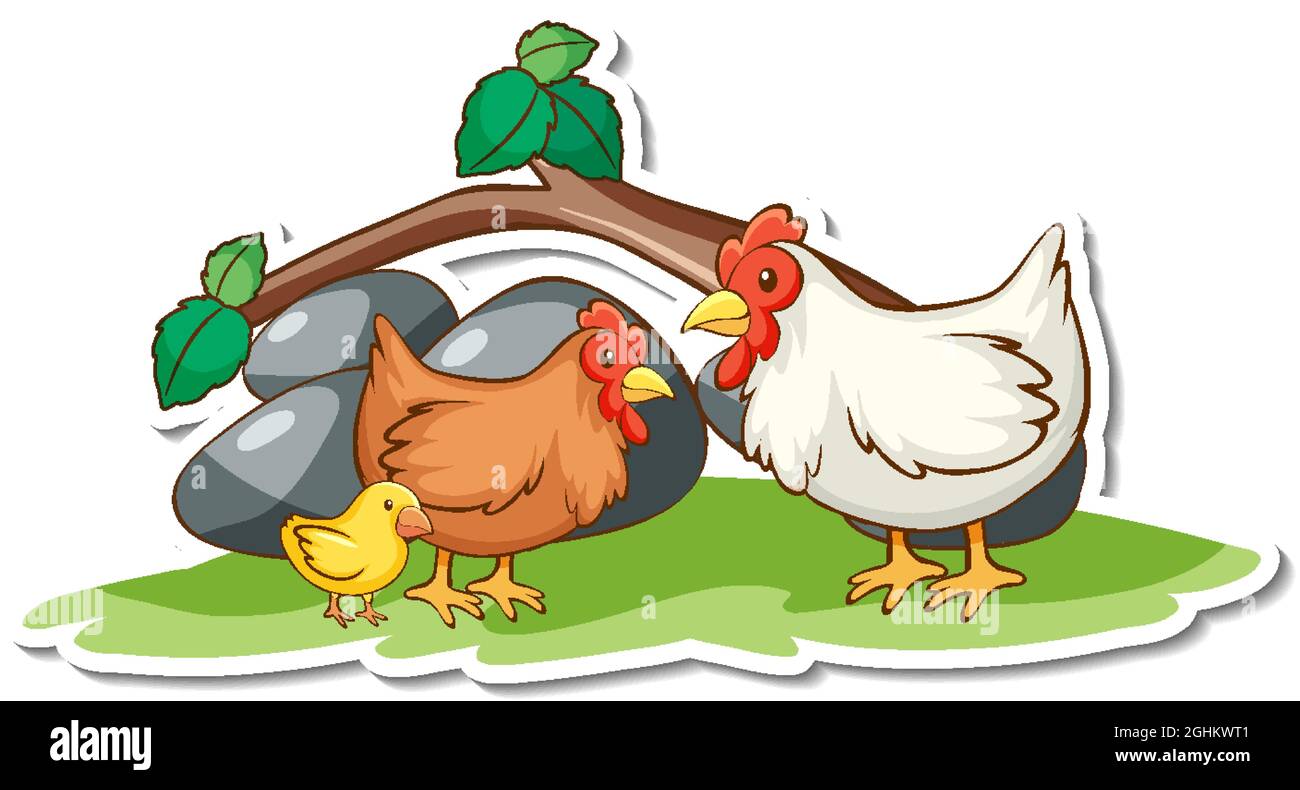 Chicken family with nature element sticker illustration Stock Vector ...