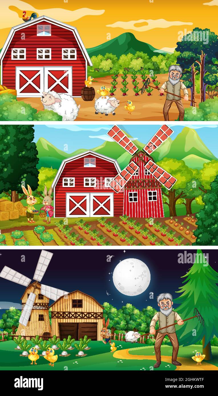 Different farm scenes with old farmer and animal cartoon character ...