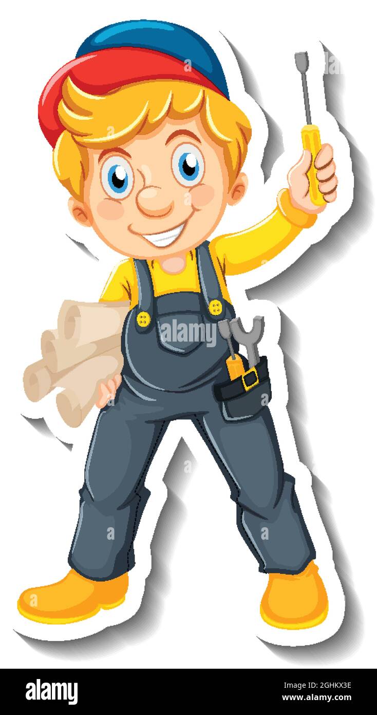 Sticker design with auto mechanic cartoon character illustration Stock ...