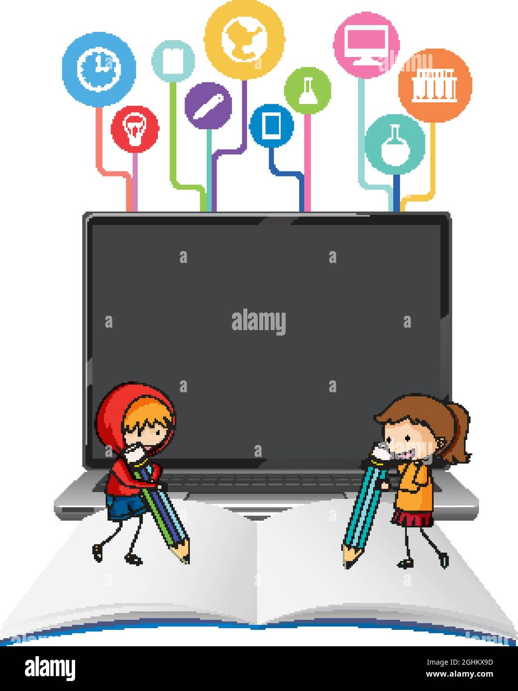 Laptop computer with cartoon kids on the opened book illustration Stock ...