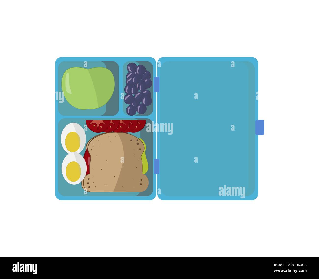 School lunch. Food box. Sandwich with egg, apple, vegetables and ...