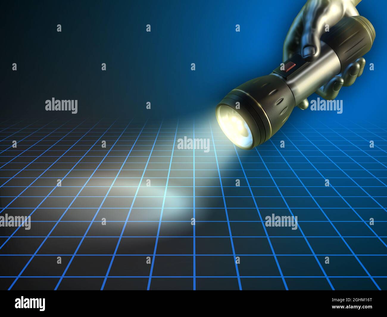 Metallic hand holding a turned on flashlight. Digital illustration ...