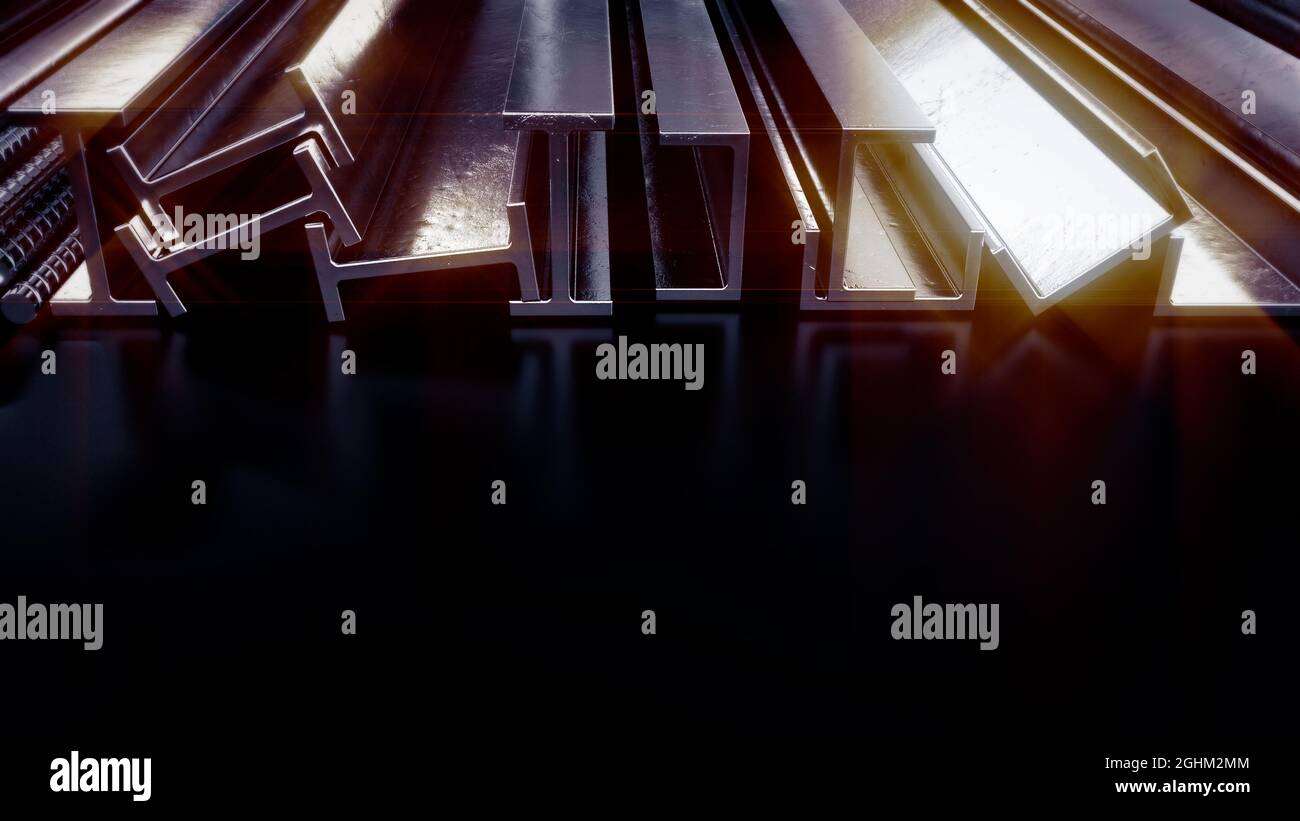 lighting rolled metal and rebar , digital industrial 3D illustration ...