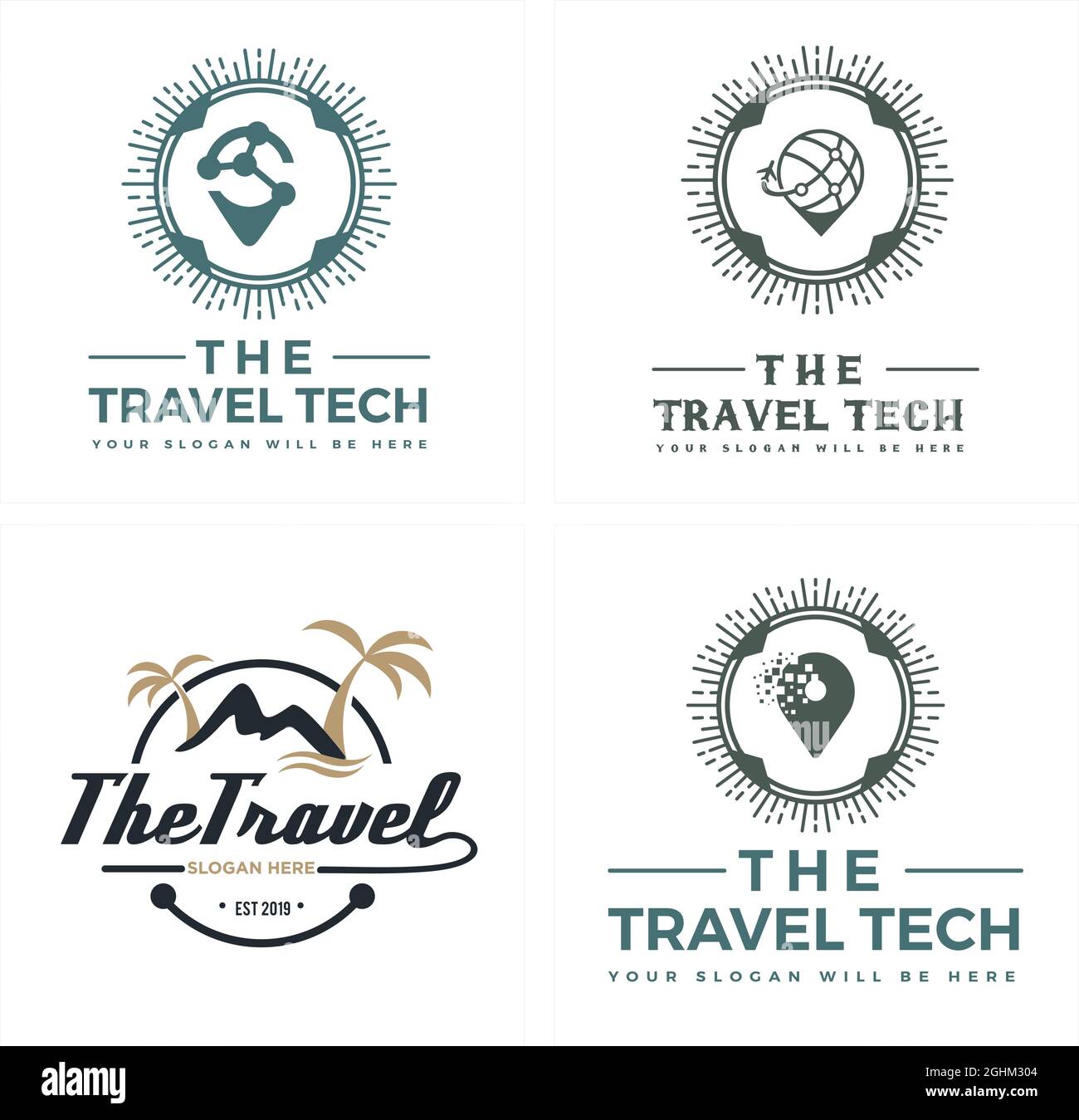Travel tech pin plane mountain holiday logo design Stock Vector Image ...