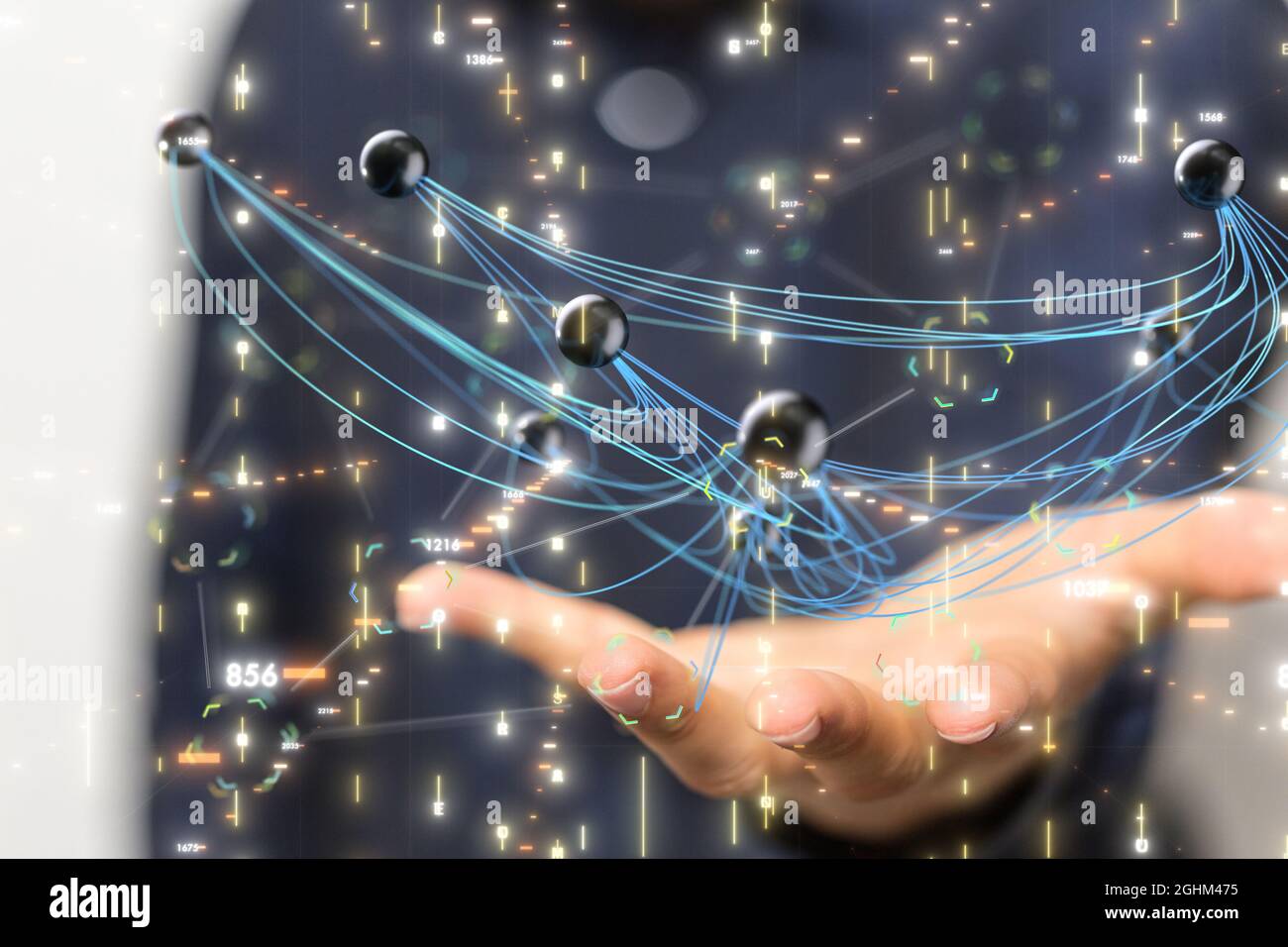 3d illustration of a particle connection hovering over a human palm ...