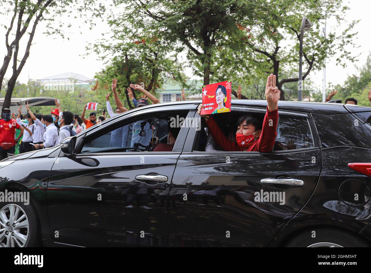 Bangkok, THAILAND - February 7, 2021: Myanmar protesters a three finger ...