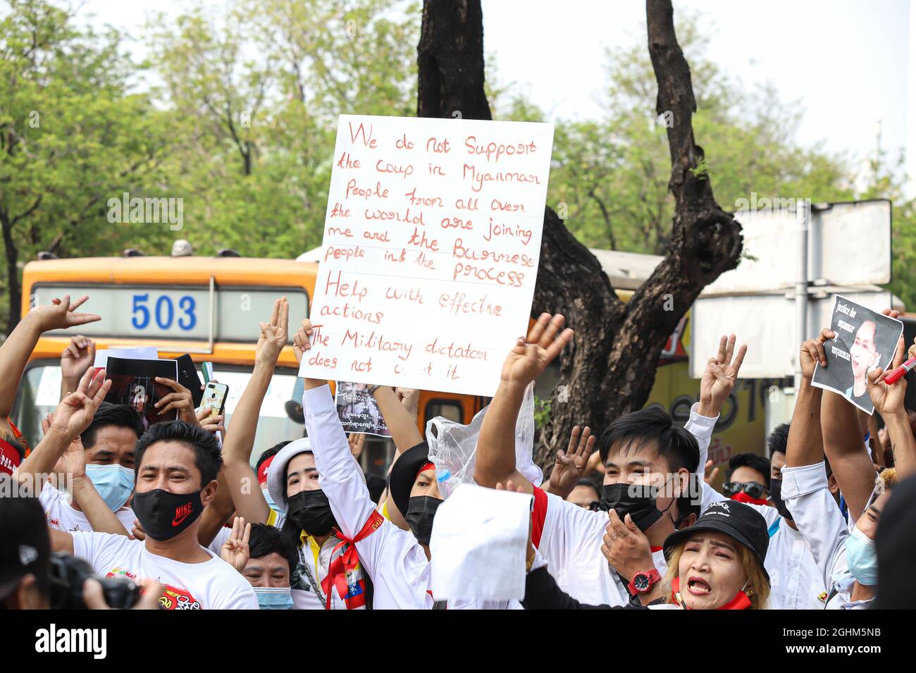 Bangkok, THAILAND - February 7, 2021: Myanmar protesters a three finger ...
