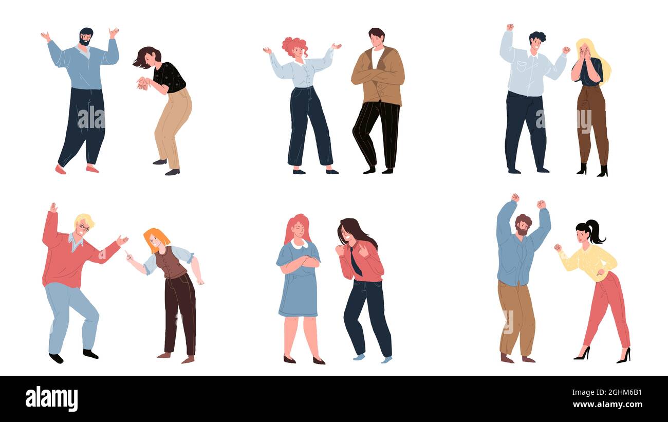 Flat cartoon quarreling characters set in aggressive mood,conflict ...