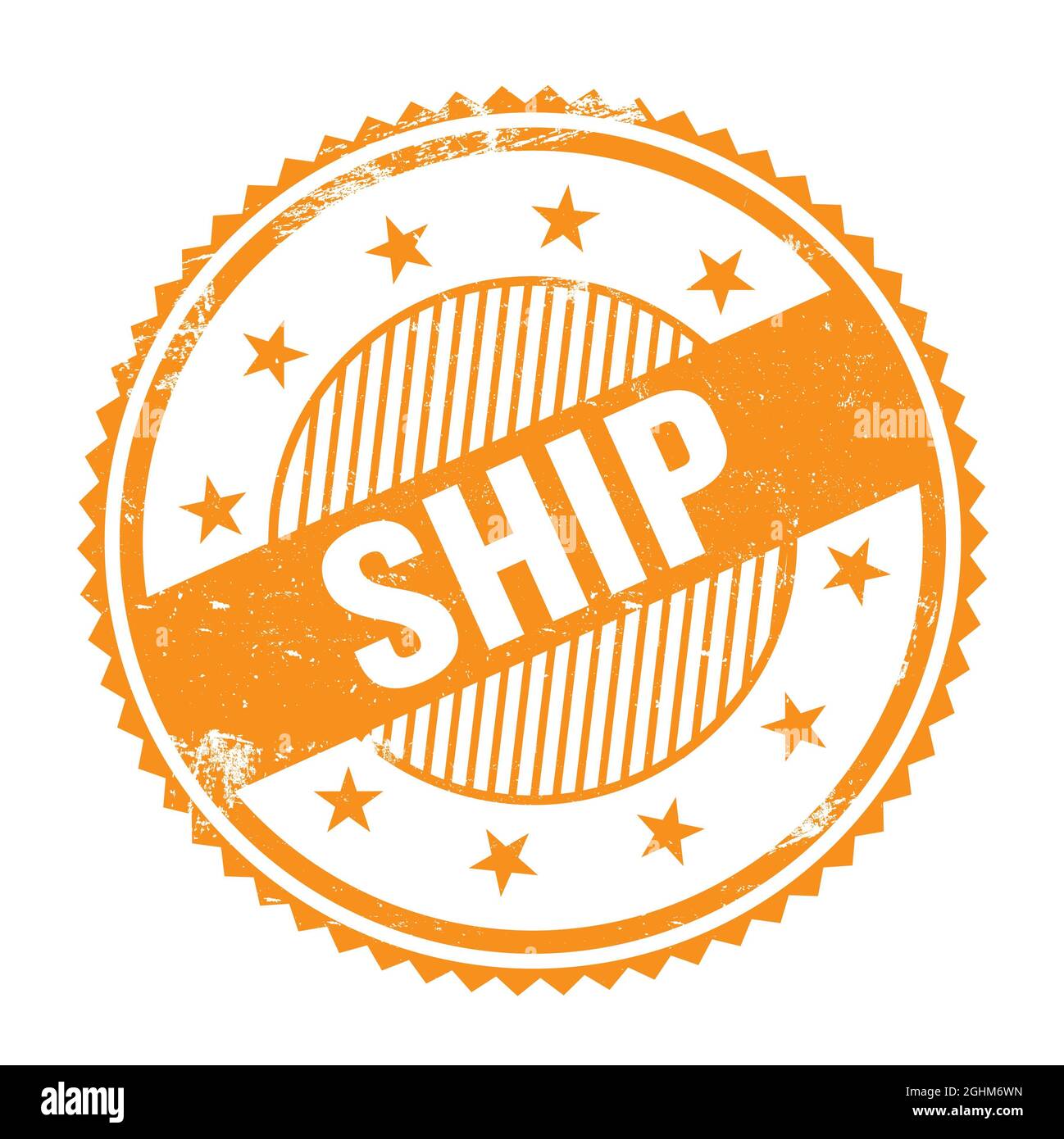 SHIP text written on orange grungy zig zag borders round stamp Stock ...