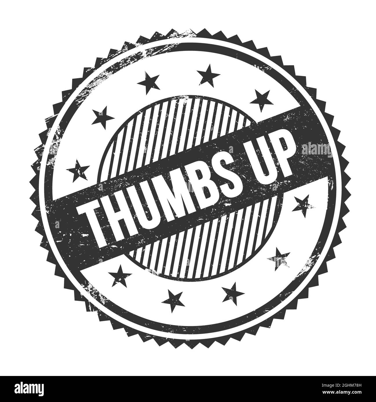 THUMBS UP text written on black grungy zig zag borders round stamp ...