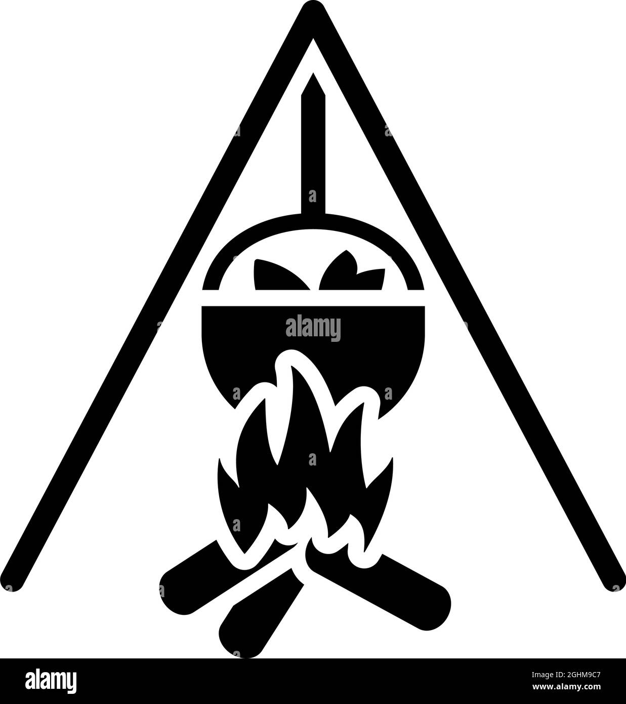 Icon Of Fire And Fishing Pot. Black Stencil Design. Vector Illustration ...