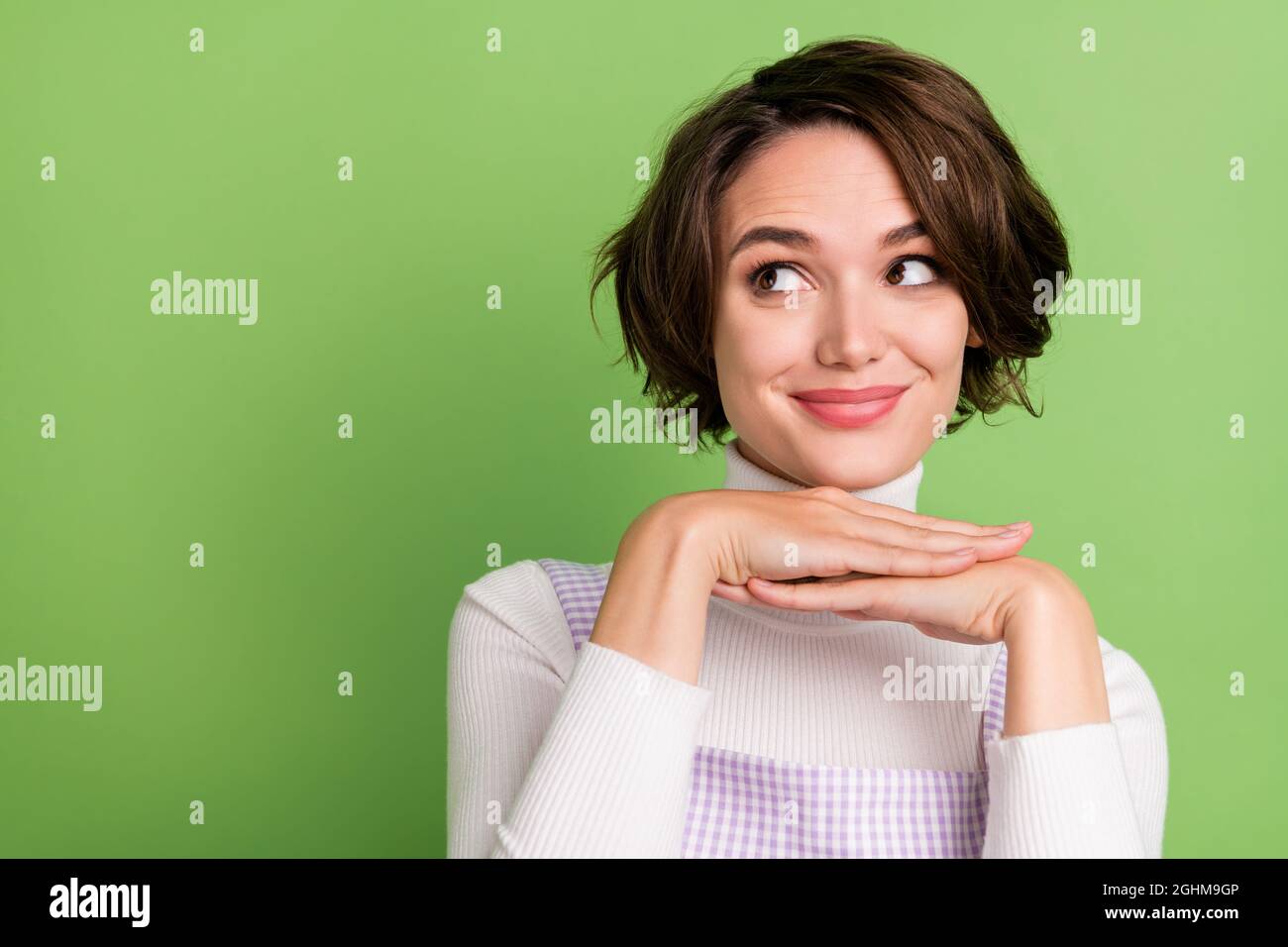 Photo of young pretty girl happy positive smile curious dreamy look ...