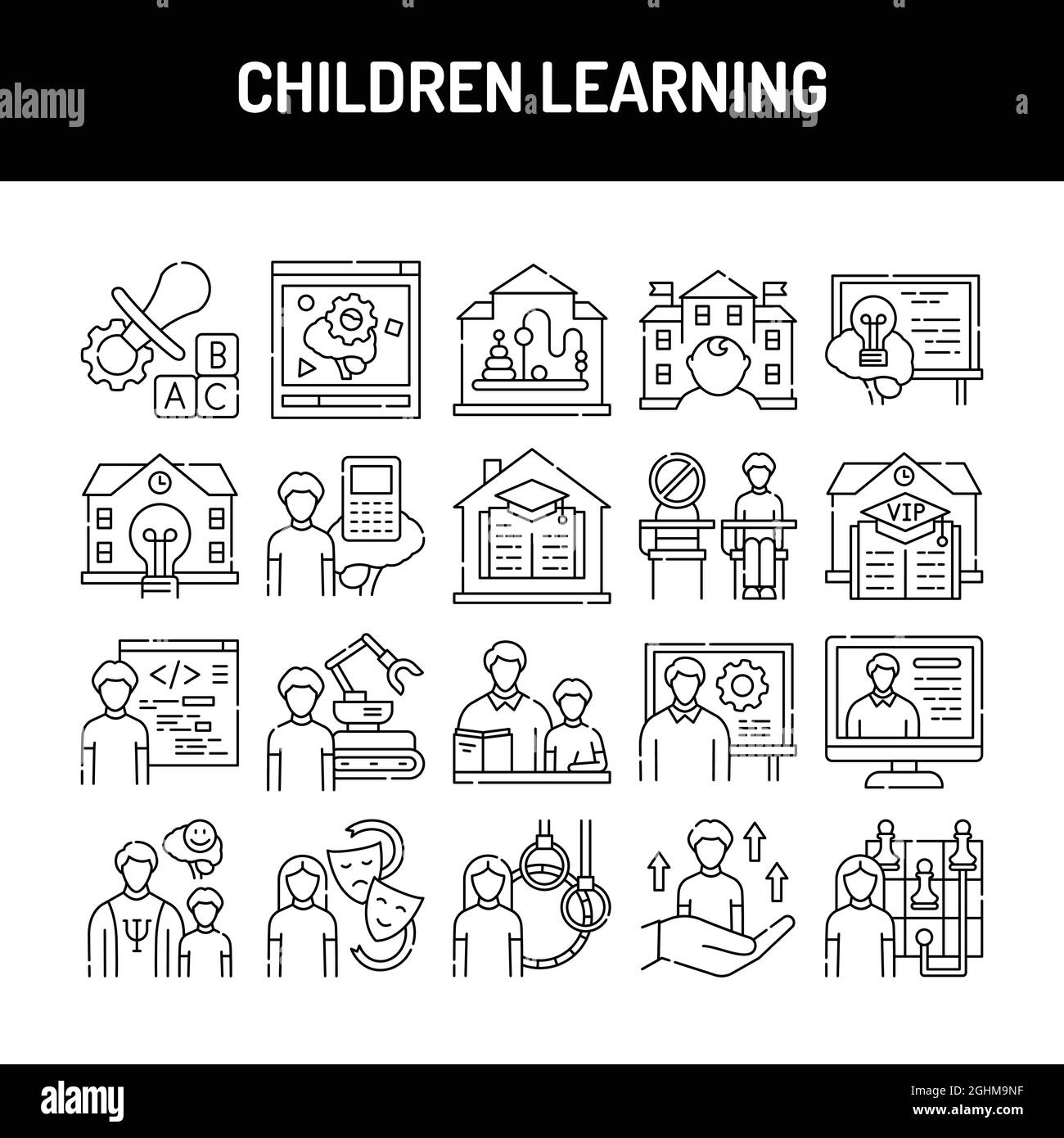 Children learning line icons set. Isolated vector element. Outline ...